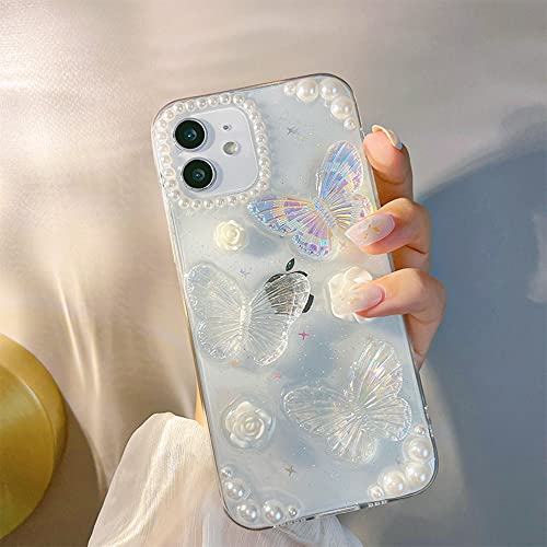 Faneiy for iPhone 13 Mini Case with Charm Chain Butterfly Flower 3D Cute Phone Case,Crystal Clear Shiny Case with Wrist Bracelet Pearl Shockproof for iPhone 13 Mini Case 5.4''