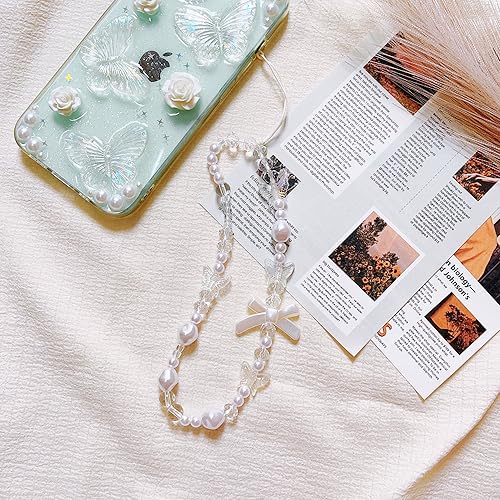 Faneiy for iPhone 13 Mini Case with Charm Chain Butterfly Flower 3D Cute Phone Case,Crystal Clear Shiny Case with Wrist Bracelet Pearl Shockproof for iPhone 13 Mini Case 5.4''