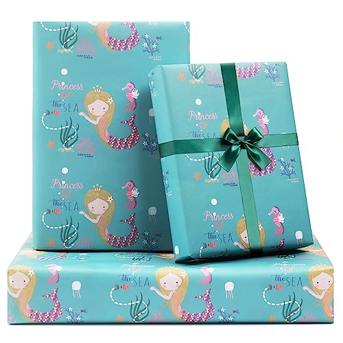 Mermaid Wrapping Papers, Princess of the Sea Little Mermaid design 6 Sheets Folded Flat 20x28 inches per Sheet with Emerald Green Ribbon, Gift Tag and Greeting Card for Birthday Party Baby Shower