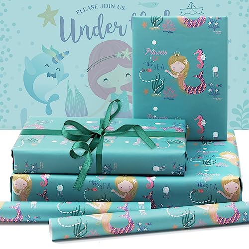 Mermaid Wrapping Papers, Princess of the Sea Little Mermaid design 6 Sheets Folded Flat 20x28 inches per Sheet with Emerald Green Ribbon, Gift Tag and Greeting Card for Birthday Party Baby Shower