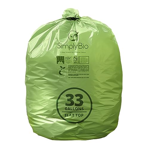 Simply Bio 33 Gallon Compostable Trash Bag with Flat Top, Heavy Duty Extra Thick 1.57 Mil, 30 Count, 124.92 Liter, Large Lawn Leaf Yard Waste Bag, ASTM D6400, US BPI and Europe OK Compost Certified