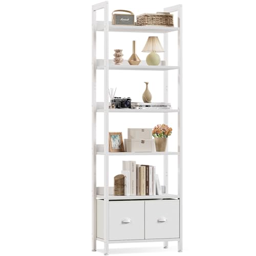 Furologee White 6 Tier Bookshelf with Drawers, Tall 71" Bookcase with Shelves, Modern Wood and Metal Book Shelf Storage Organizer, Display Free Standing Shelf Unit for Bedroom, Living Room, Office