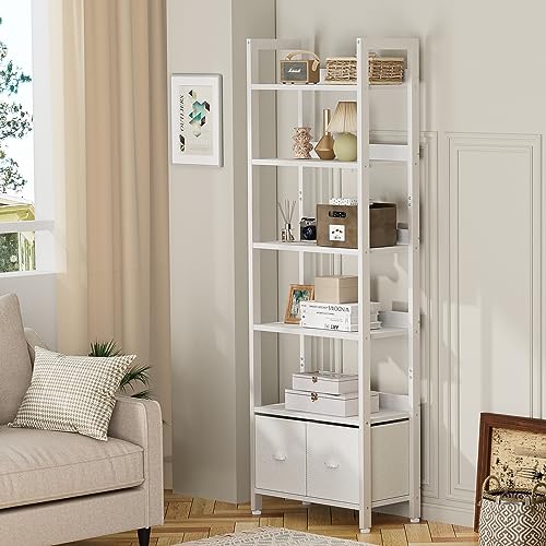 Furologee White 6 Tier Bookshelf with Drawers, Tall 71" Bookcase with Shelves, Modern Wood and Metal Book Shelf Storage Organizer, Display Free Standing Shelf Unit for Bedroom, Living Room, Office