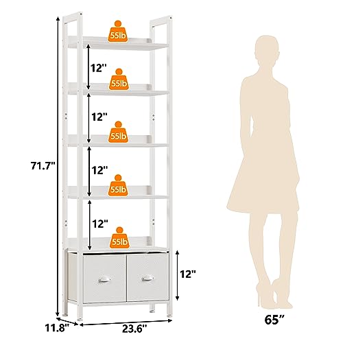 Furologee White 6 Tier Bookshelf with Drawers, Tall 71" Bookcase with Shelves, Modern Wood and Metal Book Shelf Storage Organizer, Display Free Standing Shelf Unit for Bedroom, Living Room, Office