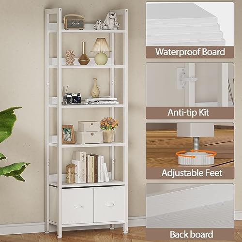 Furologee White 6 Tier Bookshelf with Drawers, Tall 71" Bookcase with Shelves, Modern Wood and Metal Book Shelf Storage Organizer, Display Free Standing Shelf Unit for Bedroom, Living Room, Office