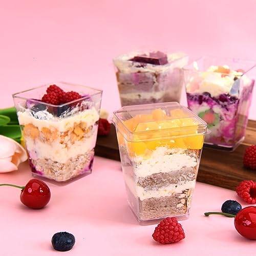 Monrocco 50 Pack 5 oz Plastic Dessert Cups with Lids and Spoons, Mini Parfait Cups with Lids Pudding Cups for Party, Clear Mini Dessert Cups with Spoons Yogurt Dessert Shooter Cups for Pudding