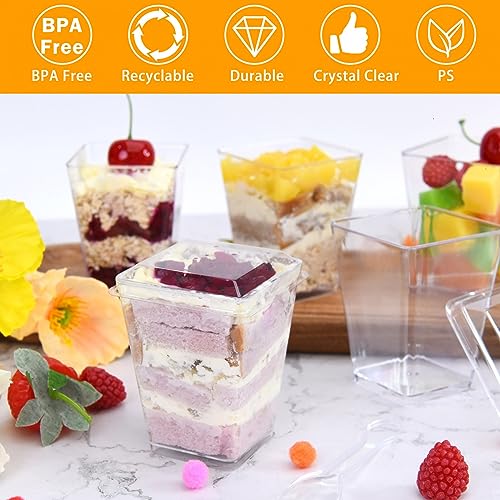 Monrocco 50 Pack 5 oz Plastic Dessert Cups with Lids and Spoons, Mini Parfait Cups with Lids Pudding Cups for Party, Clear Mini Dessert Cups with Spoons Yogurt Dessert Shooter Cups for Pudding