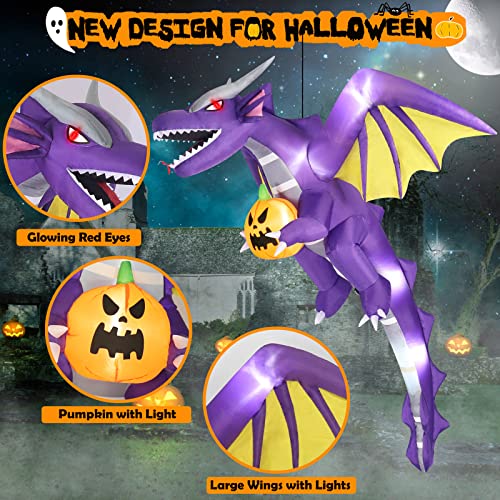 7 FT Tall Hanging Inflatable Halloween Decorations Outdoor, Flying Dragon Holding Pumpkin Halloween Inflatables Build-in LEDs, Halloween Blow Up Yard Decorations for Tree Porch Yard Garden Outside