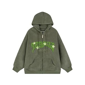 sumleno y2k zip up hoodie letter print star graphic grunge hooded corduroy sweatshirt jacket oversized retro y2k clothing (green,m)