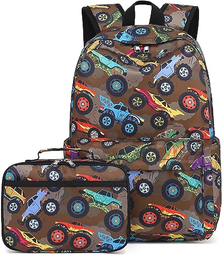 LEDAOU Kids School Backpack with Lunch Box for Boy Kindergarten BookBag School Bag Preschool Kindergarten Toddler Backpack (Off-road Vehicle Brown)