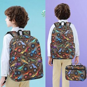 LEDAOU Kids School Backpack with Lunch Box for Boy Kindergarten BookBag School Bag Preschool Kindergarten Toddler Backpack (Off-road Vehicle Brown)