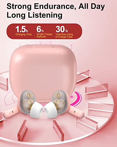 True Wireless HiFi Earbuds，Bluetooth Headphones with 4 Speakers,Hi-Res Audio 30H Playtime Earphones with LED Display Charging Case, Touch Control in-Ear Earbuds with Mic for Phones Games Sports Pink