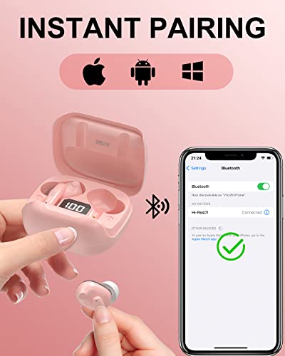 True Wireless HiFi Earbuds，Bluetooth Headphones with 4 Speakers,Hi-Res Audio 30H Playtime Earphones with LED Display Charging Case, Touch Control in-Ear Earbuds with Mic for Phones Games Sports Pink