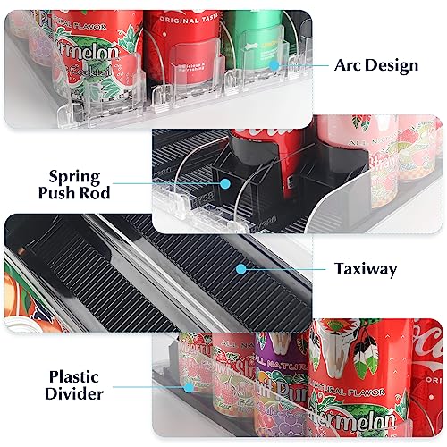 Self-Pushing Drink Organizer for Fridge, Refrigerator Soda Can Dispenser with Better in Line Plastic Divider, Width-adjustable Beverage Organizer with Automatic Pusher Glide(14.96in-5 rows)