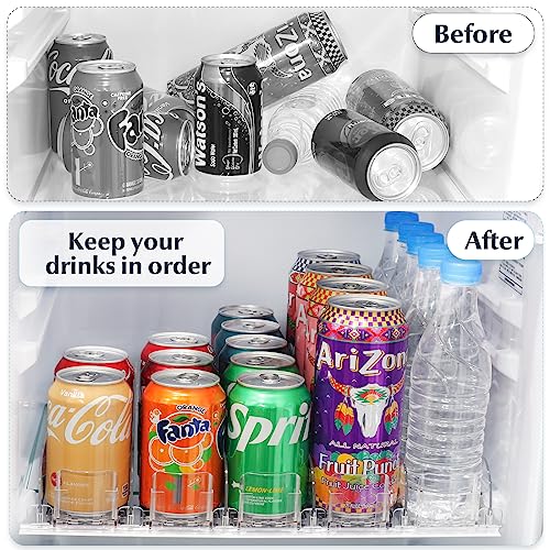 Self-Pushing Drink Organizer for Fridge, Refrigerator Soda Can Dispenser with Better in Line Plastic Divider, Width-adjustable Beverage Organizer with Automatic Pusher Glide(14.96in-5 rows)