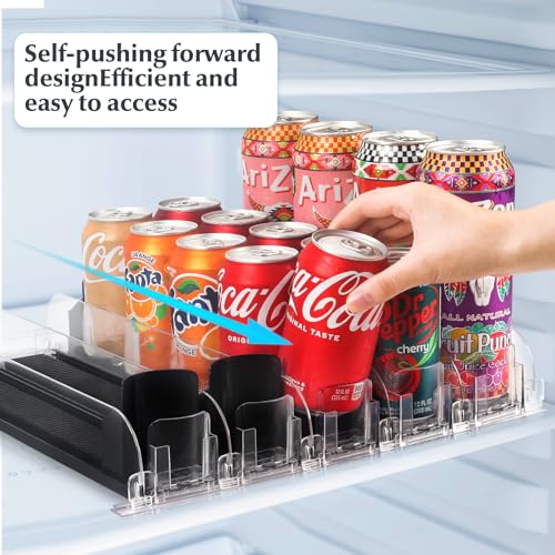 Self-Pushing Drink Organizer for Fridge, Refrigerator Soda Can Dispenser with Better in Line Plastic Divider, Width-adjustable Beverage Organizer with Automatic Pusher Glide(14.96in-5 rows)