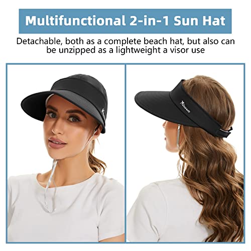 Century Star Womens Sun Hat Wide Brim UV Protection Summer Visor 2 in 1 Zip-Off Beach Hat for Women Golf Hats Outdoor Cap Black One Size