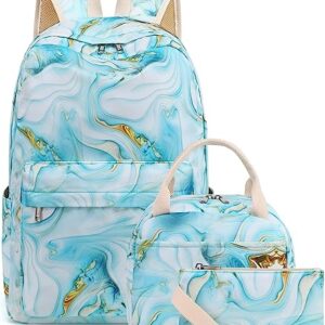 School Backpack Girls Blue Marble Bookbag Teens Water-resistant Schoolbag Kids Insulation Lunch Bag and Pencil Case