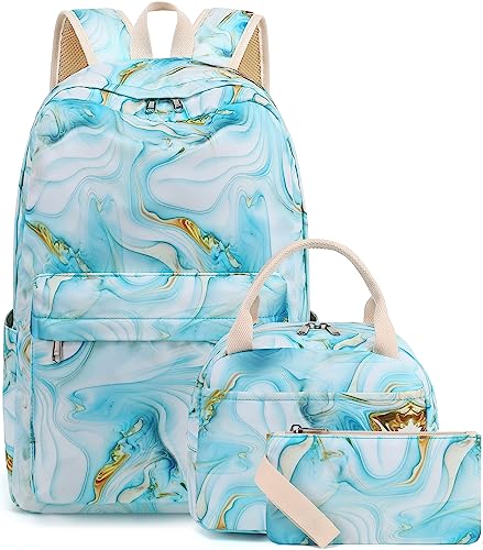 School Backpack Girls Blue Marble Bookbag Teens Water-resistant Schoolbag Kids Insulation Lunch Bag and Pencil Case