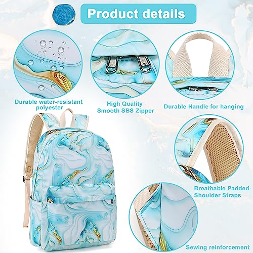 School Backpack Girls Blue Marble Bookbag Teens Water-resistant Schoolbag Kids Insulation Lunch Bag and Pencil Case