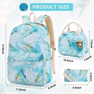 School Backpack Girls Blue Marble Bookbag Teens Water-resistant Schoolbag Kids Insulation Lunch Bag and Pencil Case