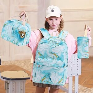 School Backpack Girls Blue Marble Bookbag Teens Water-resistant Schoolbag Kids Insulation Lunch Bag and Pencil Case