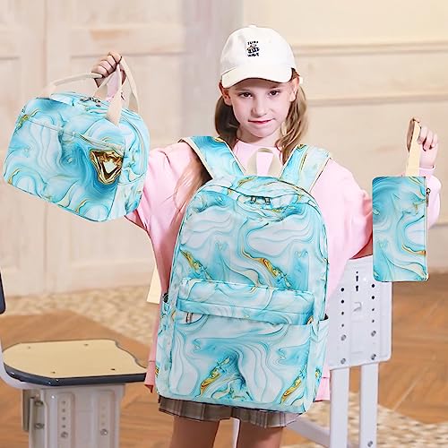 School Backpack Girls Blue Marble Bookbag Teens Water-resistant Schoolbag Kids Insulation Lunch Bag and Pencil Case