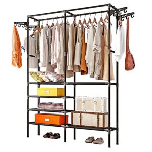 sasoiky garment rack,shoe clothing organizer shelves,freestanding multifunctional clothes wardrobe- closet with hooks (black)