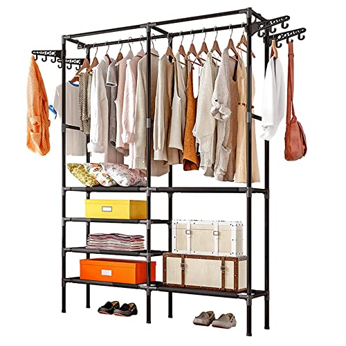 Sasoiky Garment Rack,Shoe Clothing Organizer Shelves,Freestanding Multifunctional Clothes Wardrobe- Closet with Hooks (black)