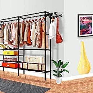 Sasoiky Garment Rack,Shoe Clothing Organizer Shelves,Freestanding Multifunctional Clothes Wardrobe- Closet with Hooks (black)