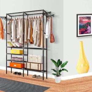 Sasoiky Garment Rack,Shoe Clothing Organizer Shelves,Freestanding Multifunctional Clothes Wardrobe- Closet with Hooks (black)