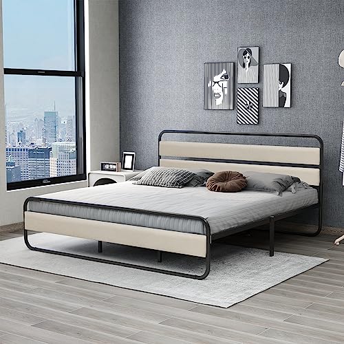 NNV King Bed Frame with Upholstered Linen Headboard and Footboard, Steel Slats Mattress Foundation Round Pipe Design, No Box Spring Needed, Beige