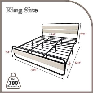 NNV King Bed Frame with Upholstered Linen Headboard and Footboard, Steel Slats Mattress Foundation Round Pipe Design, No Box Spring Needed, Beige