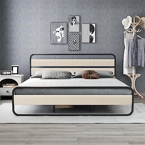 NNV King Bed Frame with Upholstered Linen Headboard and Footboard, Steel Slats Mattress Foundation Round Pipe Design, No Box Spring Needed, Beige