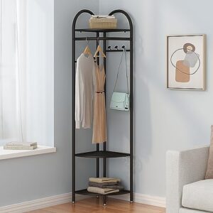 flrh black corner hall tree, freestanding garment rack with 6 hooks and storage shelf, metal clothing racks coat racks for hallway, entryway, bedroom, living room, office(black)