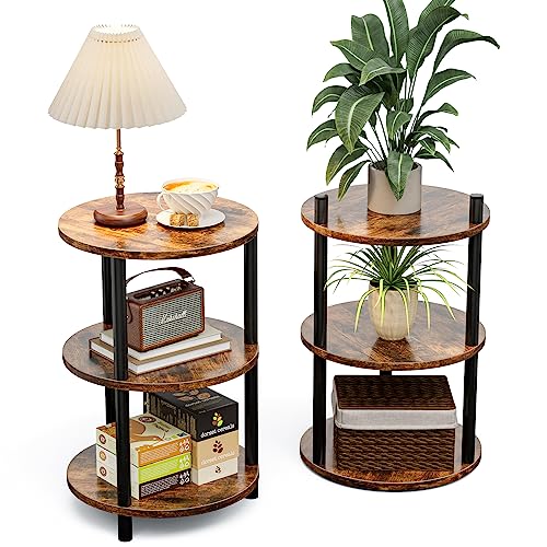 Frylr Round Side Table Set of 2,Sofa Couch Table with Storage Shelf, 2 Tiers End Tables Accent Tables for Small Spaces,Night Stands for Bedrooms-Rustic Brown