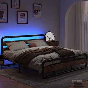 St.Mandyu LED Bed Frame with Wood Headboard and Led Lights,Heavy Duty Platform Bed Frame Under Bed Storage,Noise-Free,Brown (Queen)