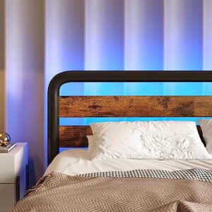 St.Mandyu LED Bed Frame with Wood Headboard and Led Lights,Heavy Duty Platform Bed Frame Under Bed Storage,Noise-Free,Brown (Queen)