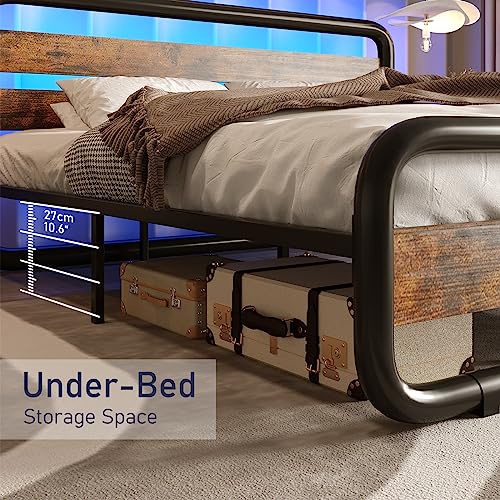 St.Mandyu LED Bed Frame with Wood Headboard and Led Lights,Heavy Duty Platform Bed Frame Under Bed Storage,Noise-Free,Brown (Queen)