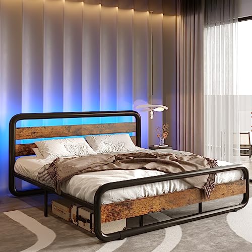 St.Mandyu LED Bed Frame with Wood Headboard and Led Lights,Heavy Duty Platform Bed Frame Under Bed Storage,Noise-Free,Brown (Queen)