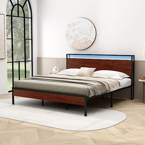 NNV Industrial King Size Bed Frame with Headboard Stoarge, Metal Platform Bed Frame with LED Lights and USB Ports, Sturdy and No Noise Easy Installation No Box Spring Needed, Mahogany