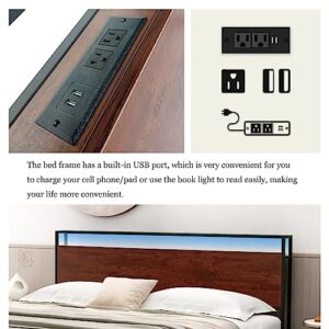 NNV Industrial King Size Bed Frame with Headboard Stoarge, Metal Platform Bed Frame with LED Lights and USB Ports, Sturdy and No Noise Easy Installation No Box Spring Needed, Mahogany