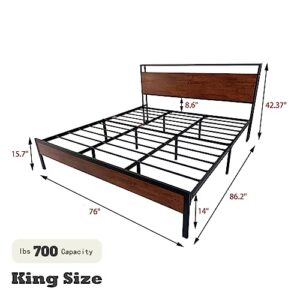 NNV Industrial King Size Bed Frame with Headboard Stoarge, Metal Platform Bed Frame with LED Lights and USB Ports, Sturdy and No Noise Easy Installation No Box Spring Needed, Mahogany