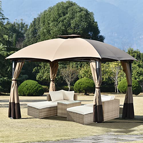 HAUSHECK 10x12 FT Outdoor Gazebo, Patio Gazebo with Zippered Curtains, Solar LED Lights and Remote Control, Metal Gazebos for Backyard, Deck and Lawns