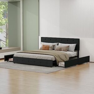 nnv upholstered king size platform bed frame with 4 storage drawers, button tufted mattress foundation with wooden slats support, no box spring needed,black