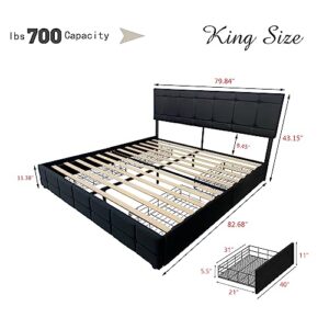 NNV Upholstered King Size Platform Bed Frame with 4 Storage Drawers, Button Tufted Mattress Foundation with Wooden Slats Support, No Box Spring Needed,Black