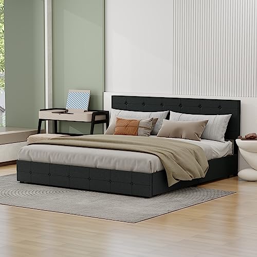 NNV Upholstered King Size Platform Bed Frame with 4 Storage Drawers, Button Tufted Mattress Foundation with Wooden Slats Support, No Box Spring Needed,Black