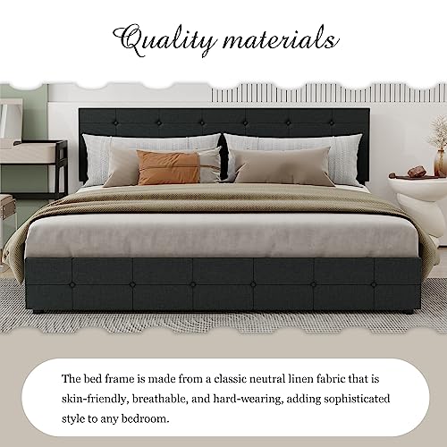 NNV Upholstered King Size Platform Bed Frame with 4 Storage Drawers, Button Tufted Mattress Foundation with Wooden Slats Support, No Box Spring Needed,Black