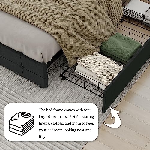 NNV Upholstered King Size Platform Bed Frame with 4 Storage Drawers, Button Tufted Mattress Foundation with Wooden Slats Support, No Box Spring Needed,Black