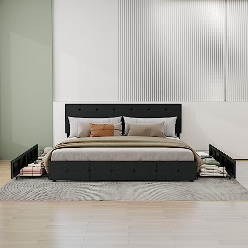 NNV Upholstered King Size Platform Bed Frame with 4 Storage Drawers, Button Tufted Mattress Foundation with Wooden Slats Support, No Box Spring Needed,Black